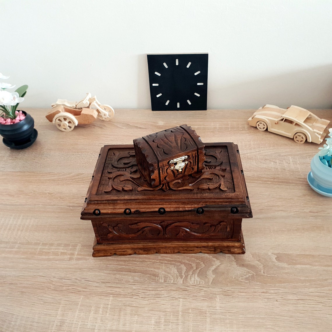 Hand Carved Puzzle Box Walnut Secret Lock Box Vintage - Etsy