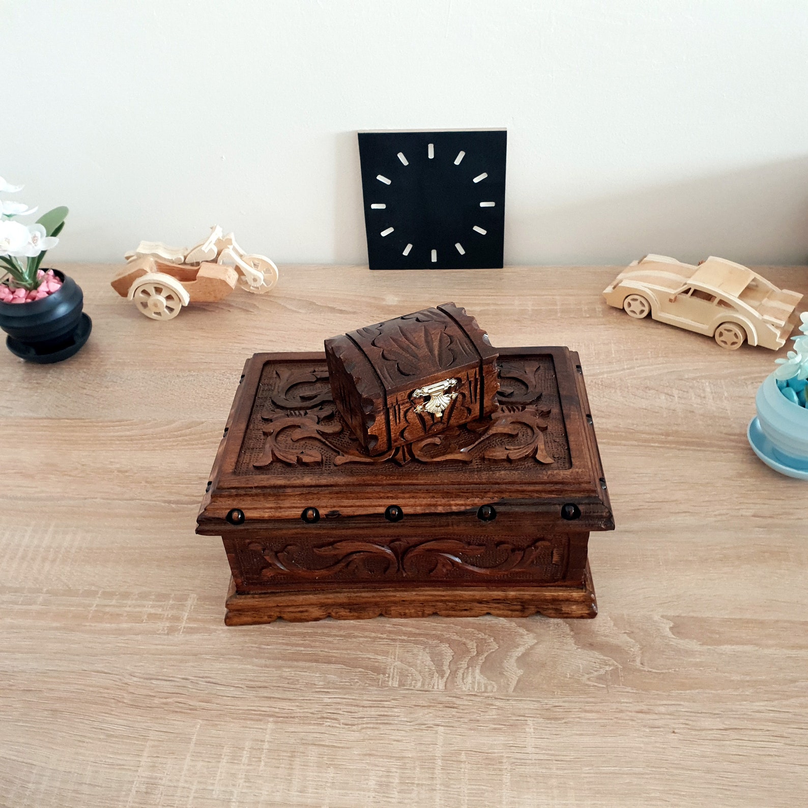 Hand Carved Puzzle Box Walnut Secret Lock Box Vintage - Etsy