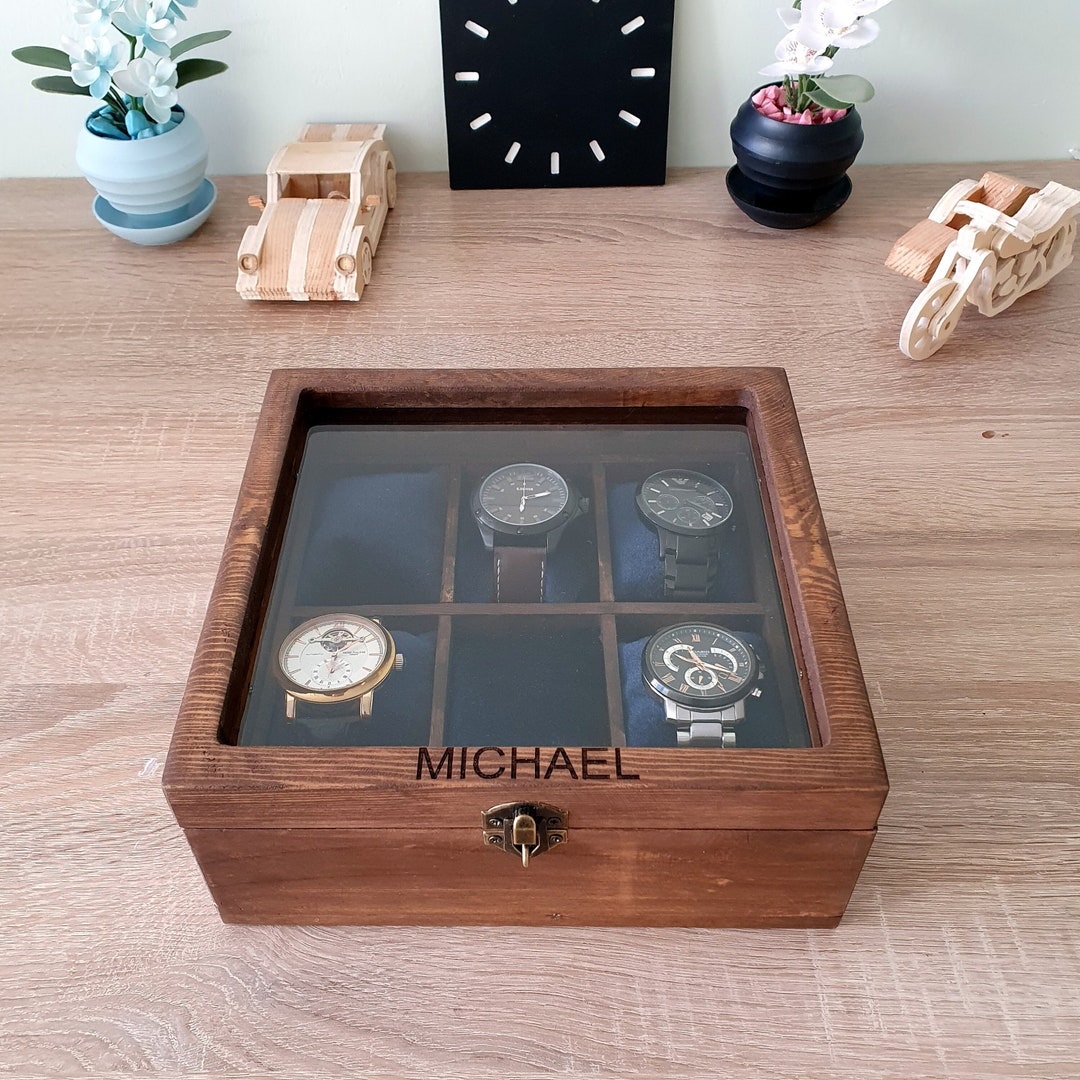 Walnut Finish Watch Box for Men, Watch Storage Box With 6 Slots ...