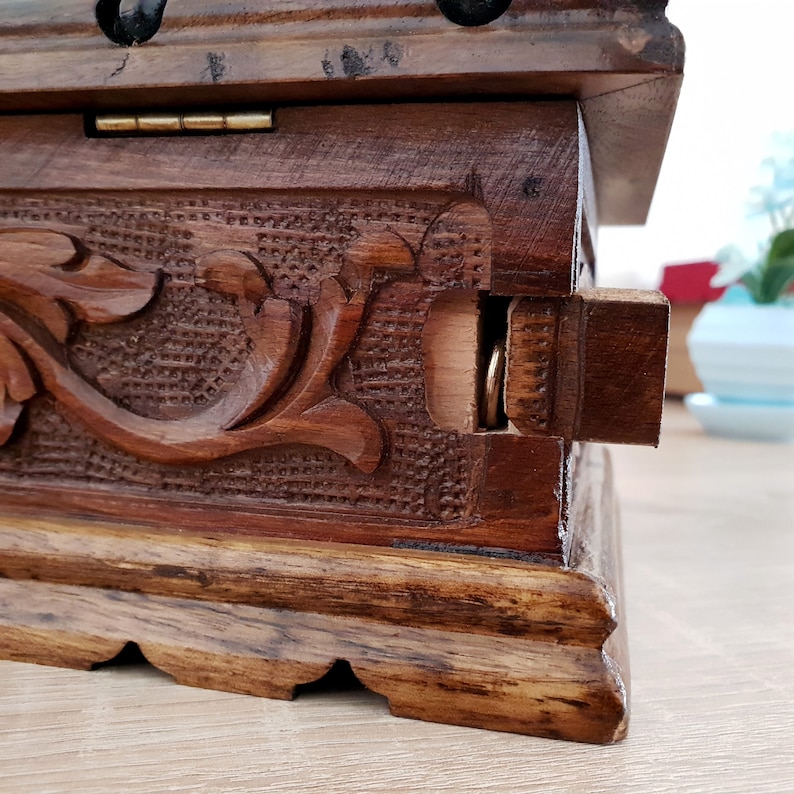 Hand Carved Puzzle Box, Walnut Secret Lock Box, Vintage Jewelry Box ...