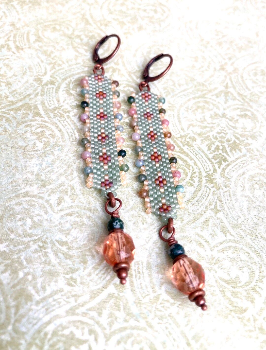 Seed Bead Dangle Earrings With Semiprecious Stone Embellishments and ...