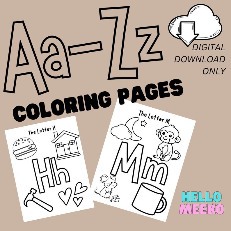 ALPHABET COLORING PAGES Digital Coloring Book A to Z Digital Printouts ...