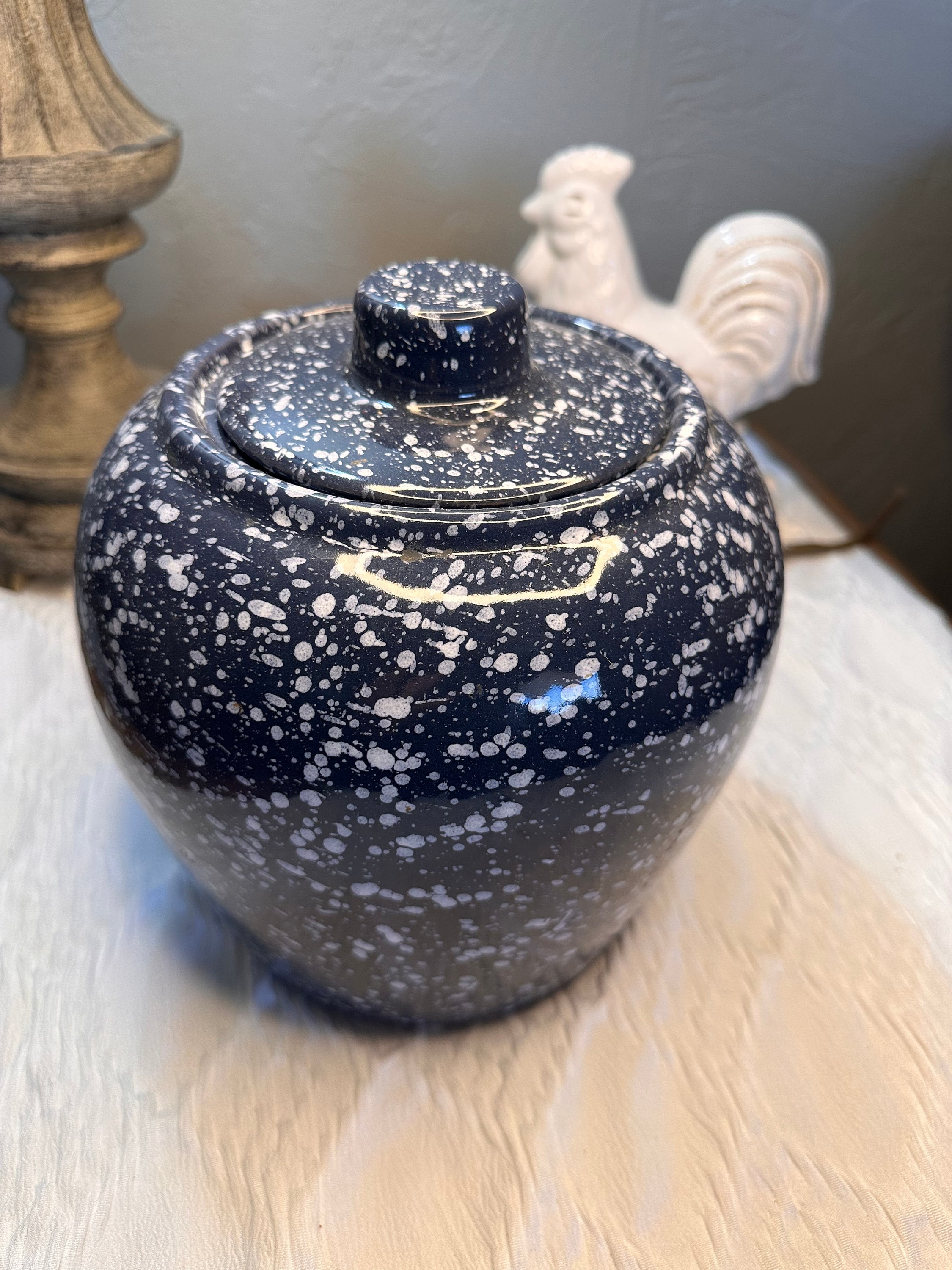 Frankoma Pottery Large Canister With Lid. Country Blue Speckled Navy ...