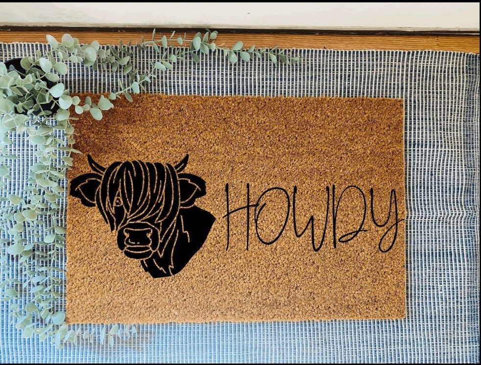 Highland Cow Doormat, Cow Print Doormat, Farm, Hey Y’all, Howdy, Porch ...