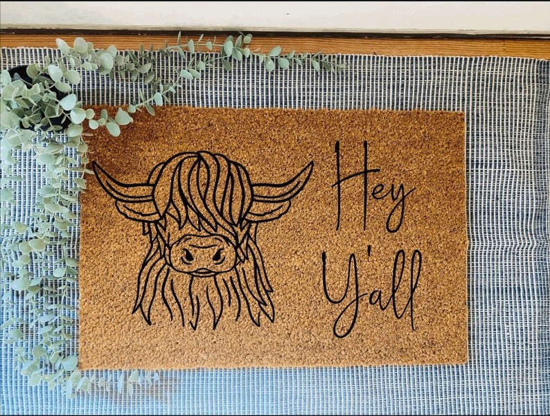Highland Cow Doormat, Cow Print Doormat, Farm, Hey Y’all, Howdy, Porch ...