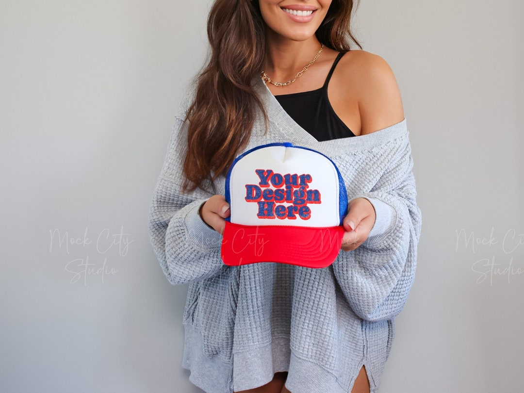Foam Trucker Hat Mockup, Otto Cap Mockup, Red White & Blue Foam Cap ...