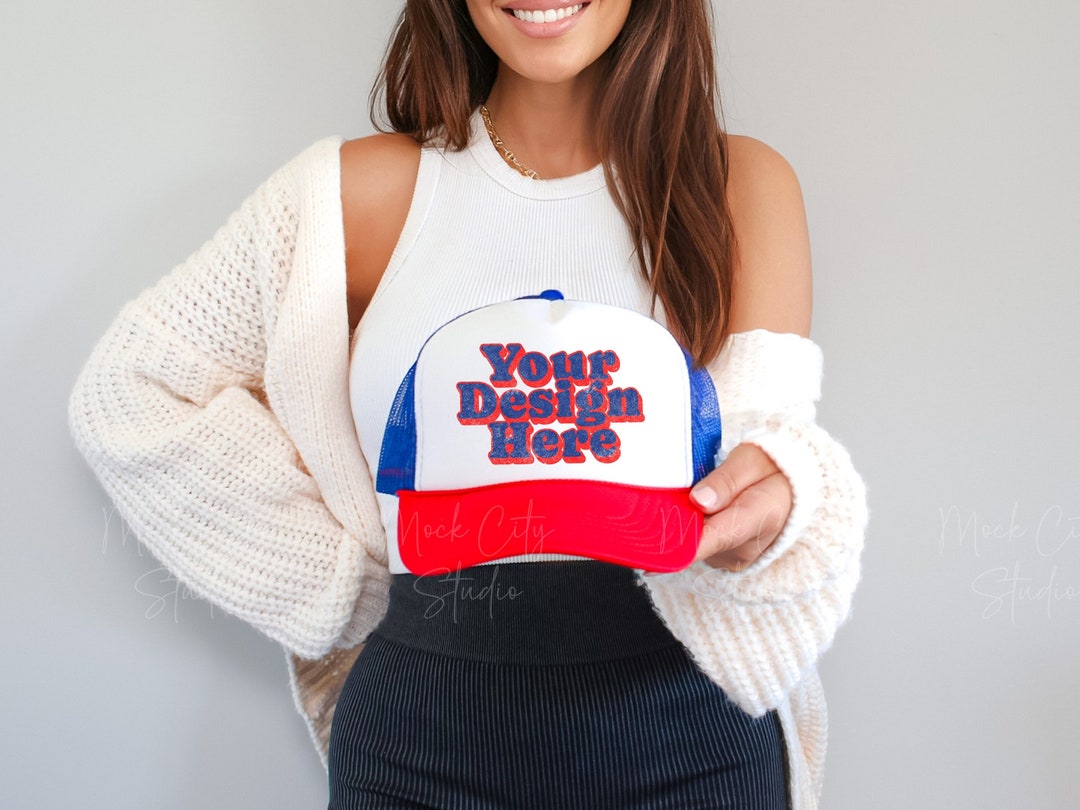 Foam Trucker Hat Mockup, Otto Cap Mockup, Red White & Blue Foam Cap ...