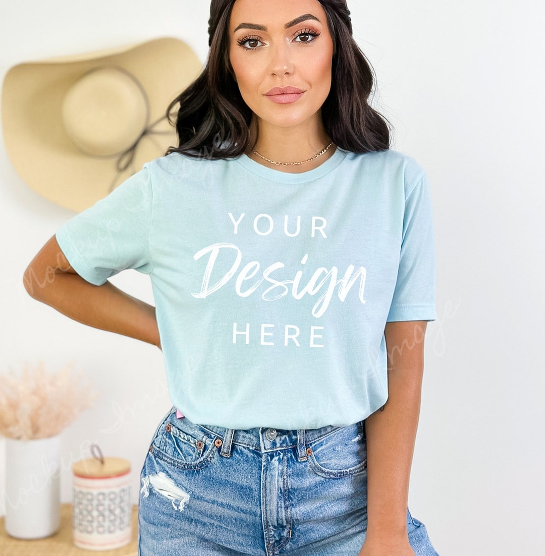 Heather Ice Blue Bella Canvas 3001 Mockup Tshirt Mock, Styled Shirt ...