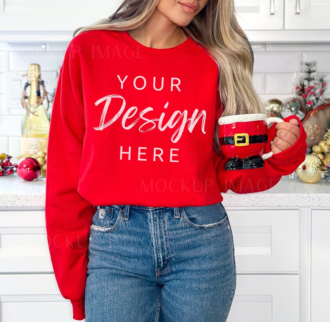 Gildan Red 18000 Sweatshirt Mockup - Red Crewneck Mock up - Model ...