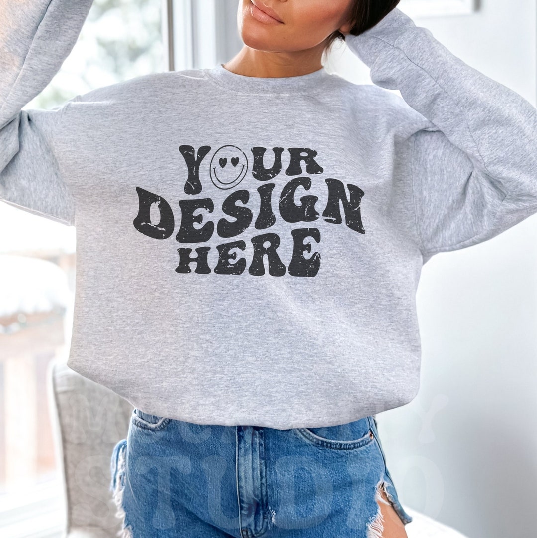Gildan 18000 Ash Mockup Gildan Ash Gray Sweatshirt Mockup Sweatshirt Model Mockup Ash Gildan