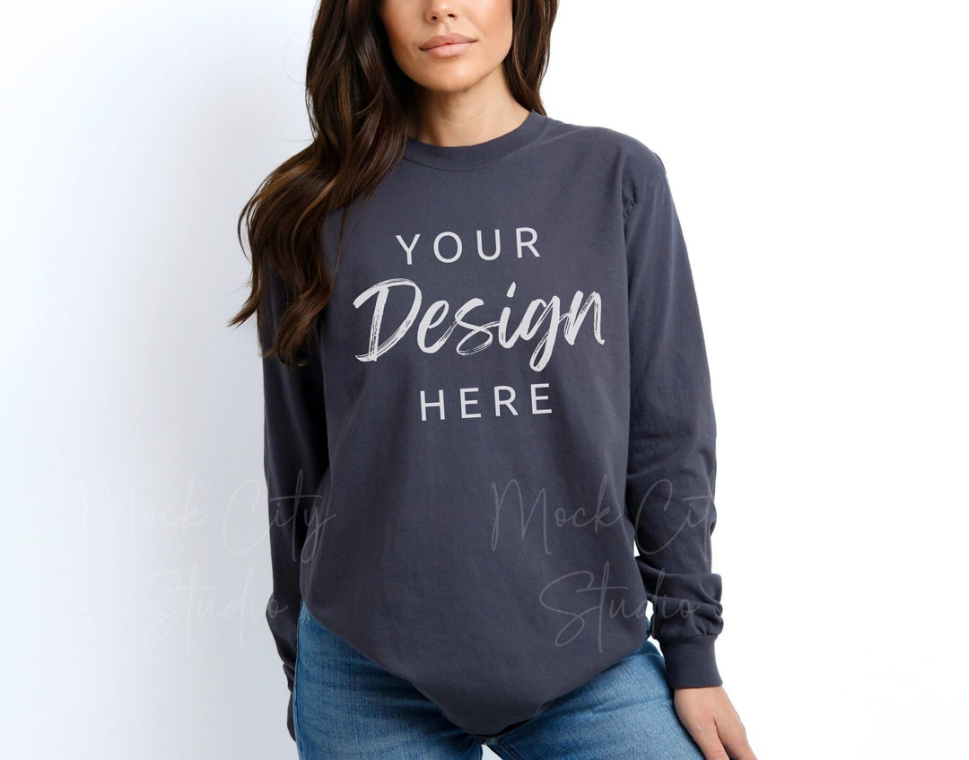 Comfort Colors 6014 Graphite Long Sleeve Shirt Mockup, Long Sleeved ...