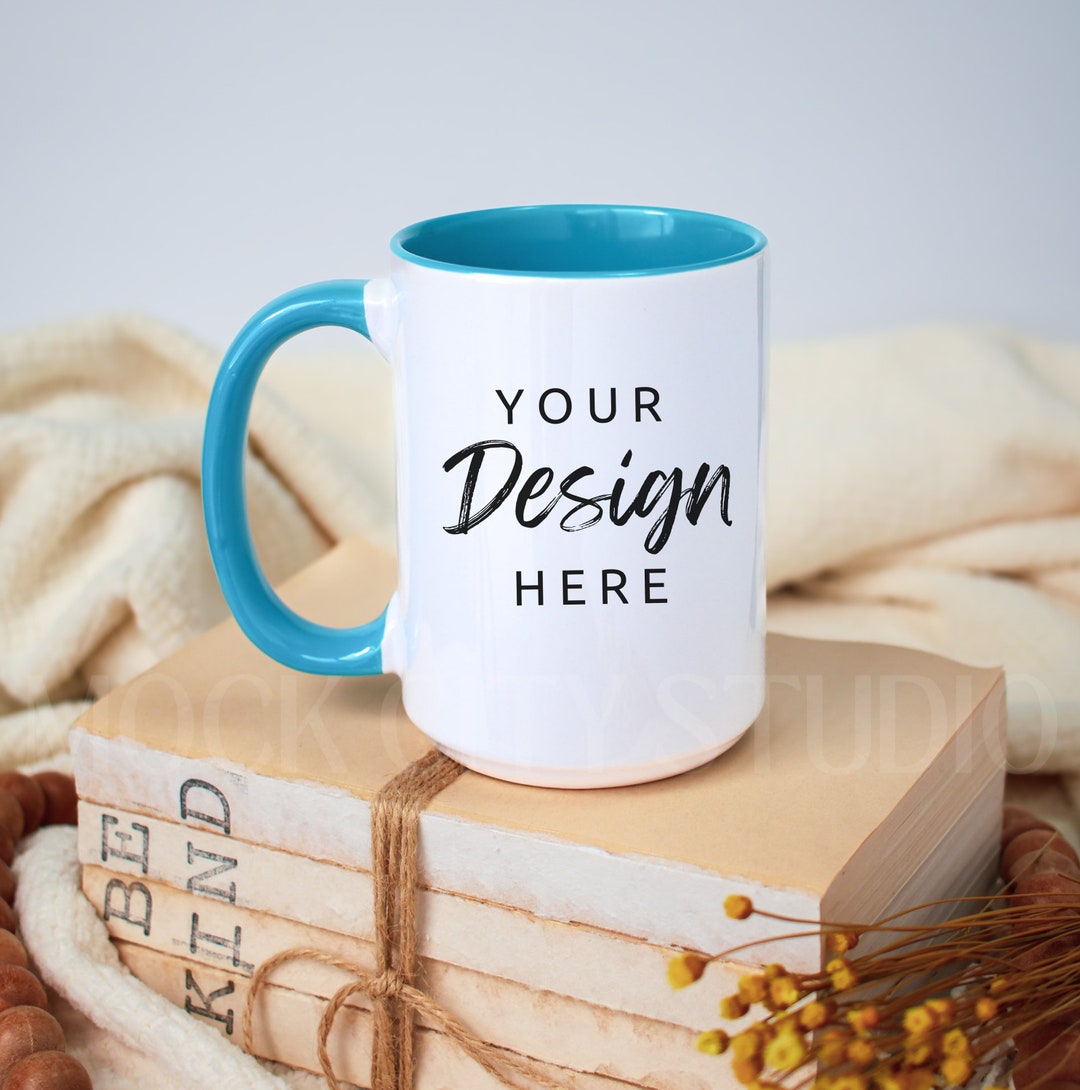 Mug Mockup, Light Blue Handle Mug Mockup, Ceramic Mug Mockup, 15 Oz ...