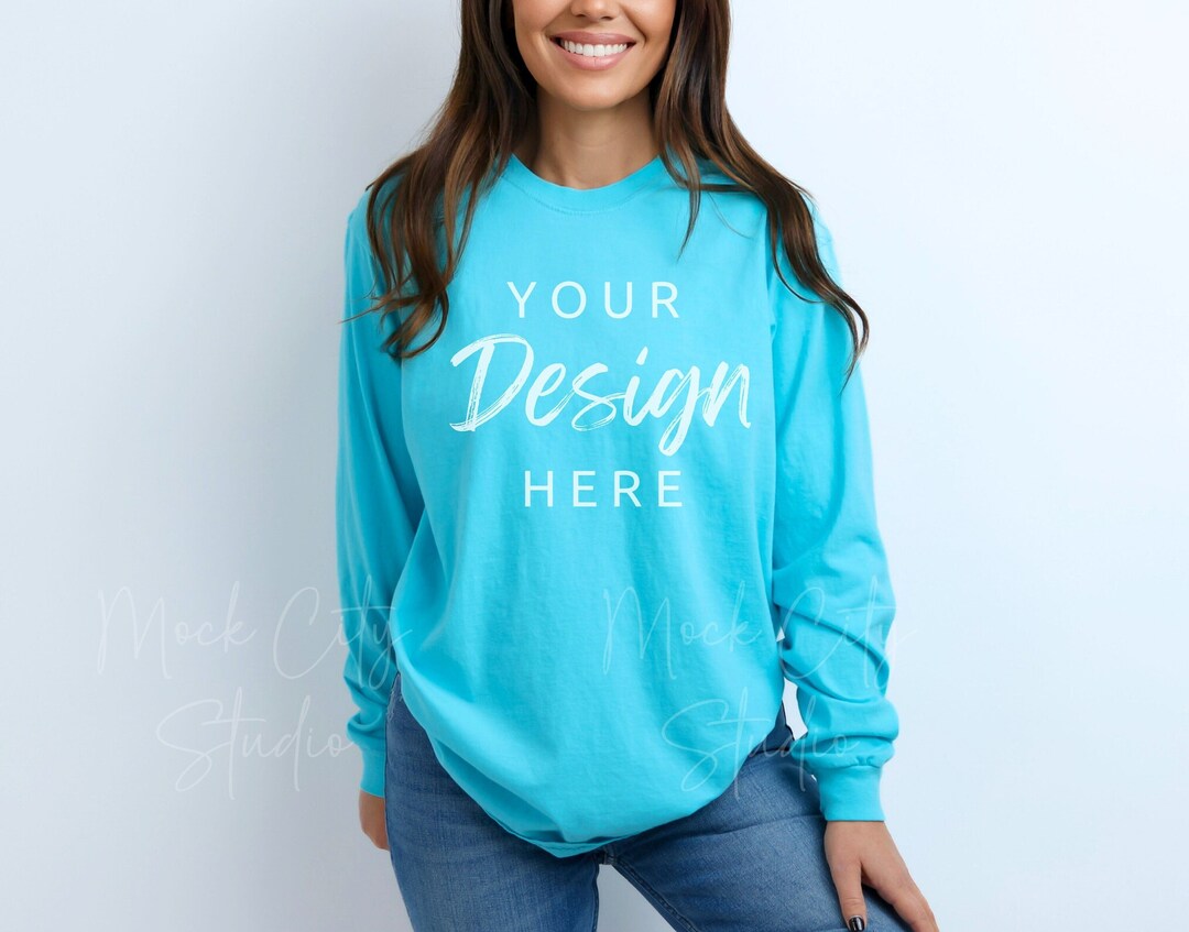 Comfort Colors 6014 Lagoon Long Sleeve Shirt Mockup, Long Sleeved ...