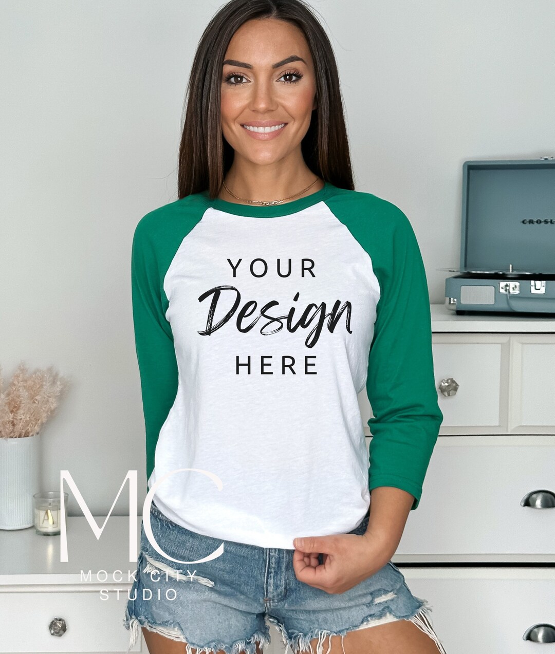 Bella Canvas 3200 Mockup, White/green Raglan Shirt Mockup, Kelly Green ...