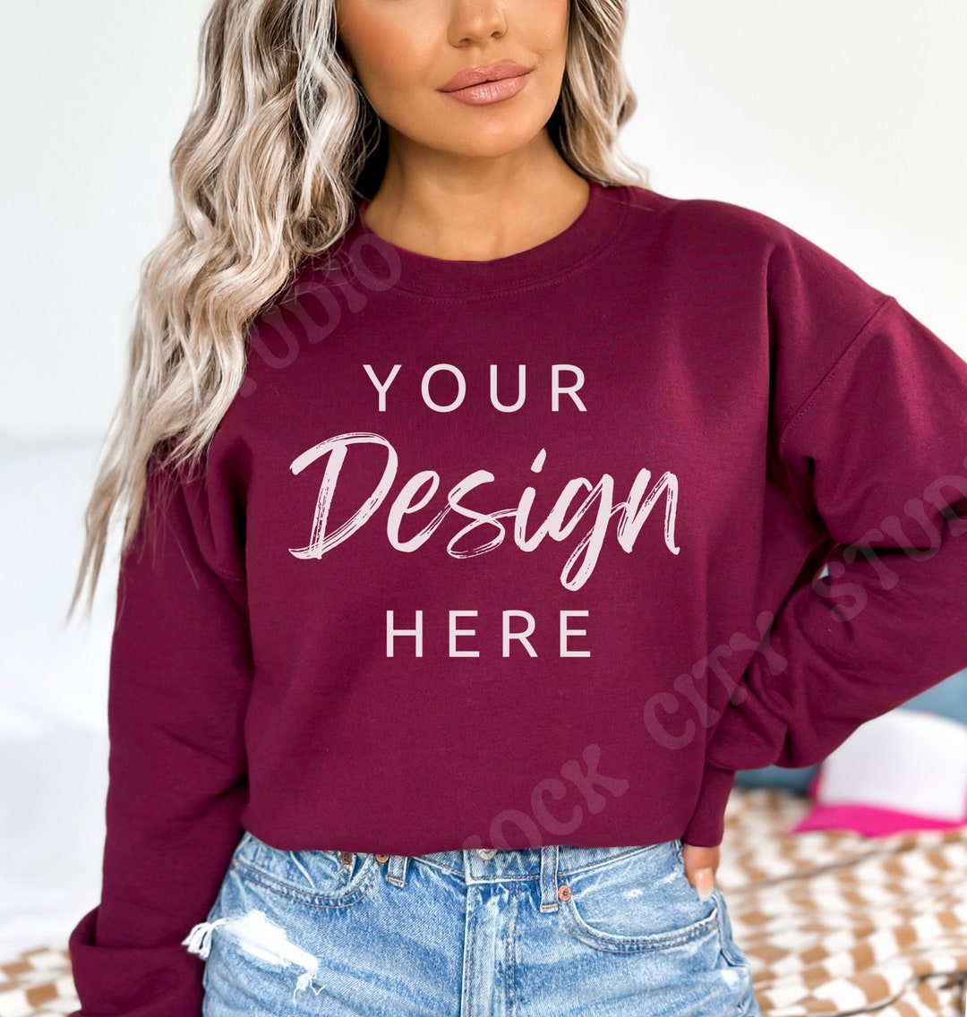 Maroon Gildan 18000 Mockup Maroon Sweatshirt Mockup Sweatshirt Model ...