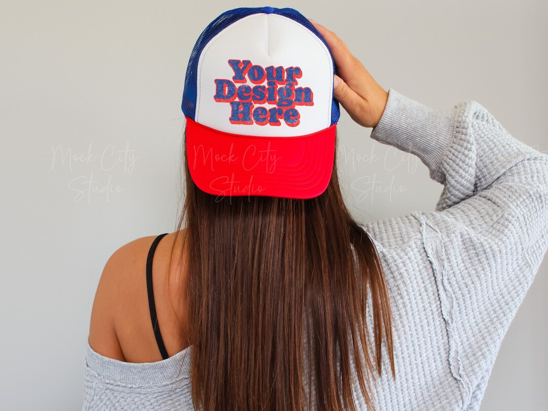 Foam Trucker Hat Mockup, Otto Cap Mockup, Red White & Blue Foam Cap ...