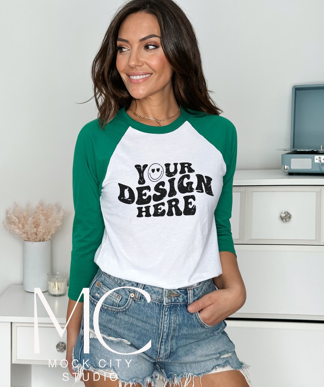 Bella Canvas 3200 Mockup, White/green Raglan Shirt Mockup, Kelly Green ...