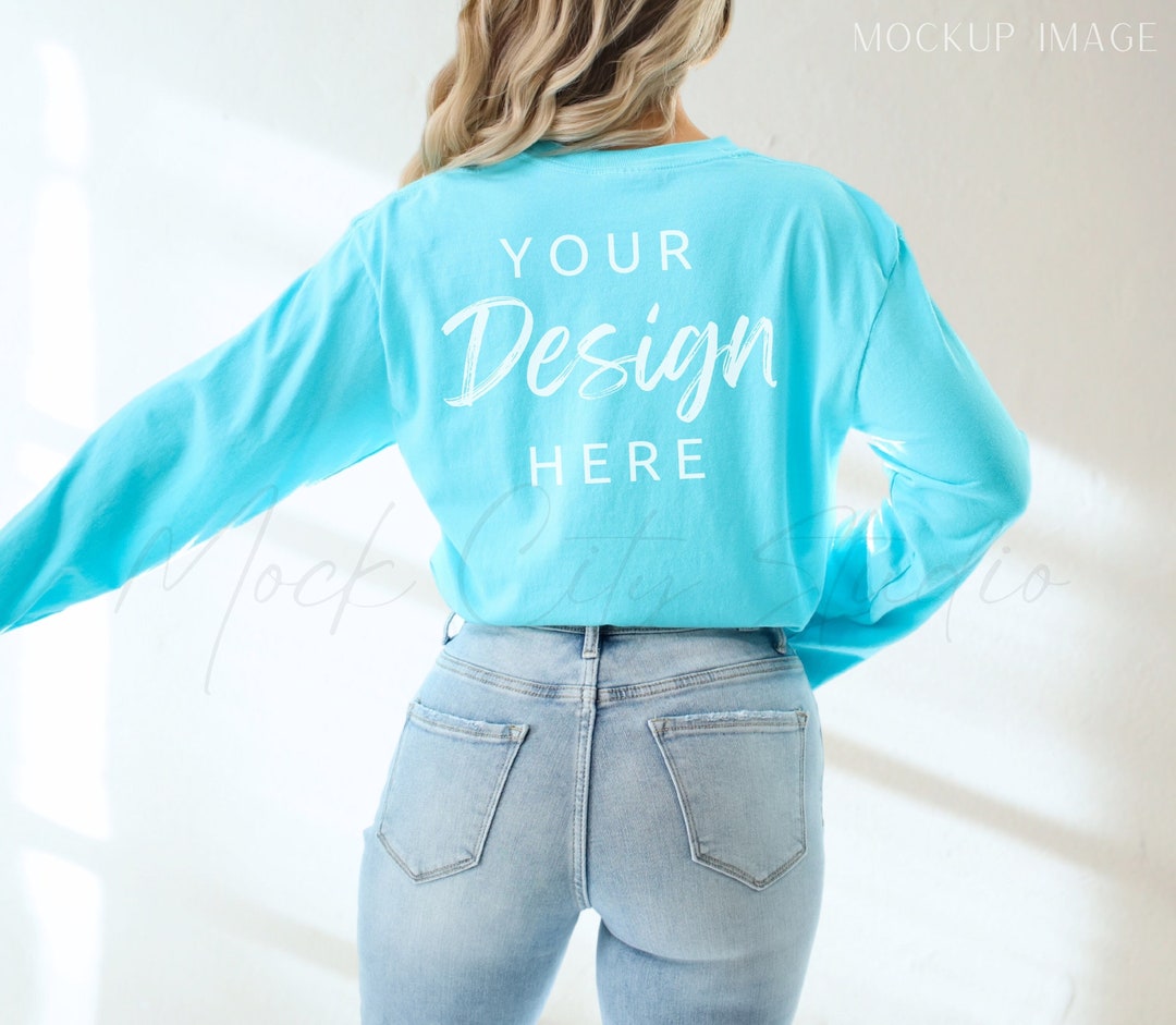 Back Mockup Comfort Colors 6014 Lagoon Long Sleeve Shirt Mockup, Long ...