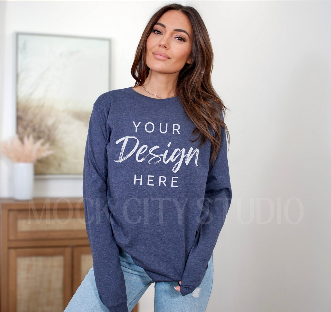 Heather Navy Blue Long Sleeve Tshirt Bella Canvas 3501 Mockup, 3501 ...