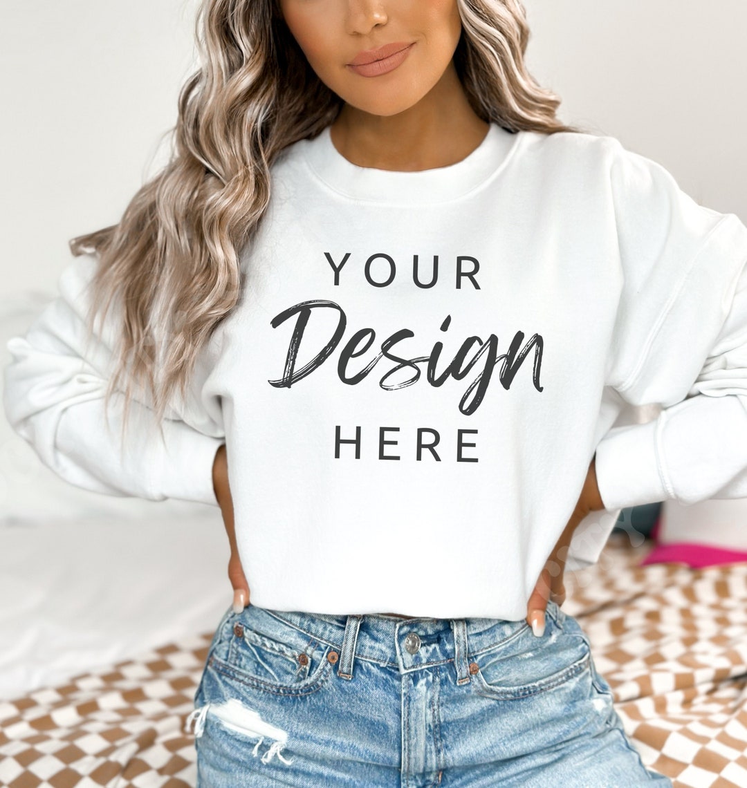 White Gildan 18000 Mockup White Sweatshirt Mockup Sweatshirt Model ...