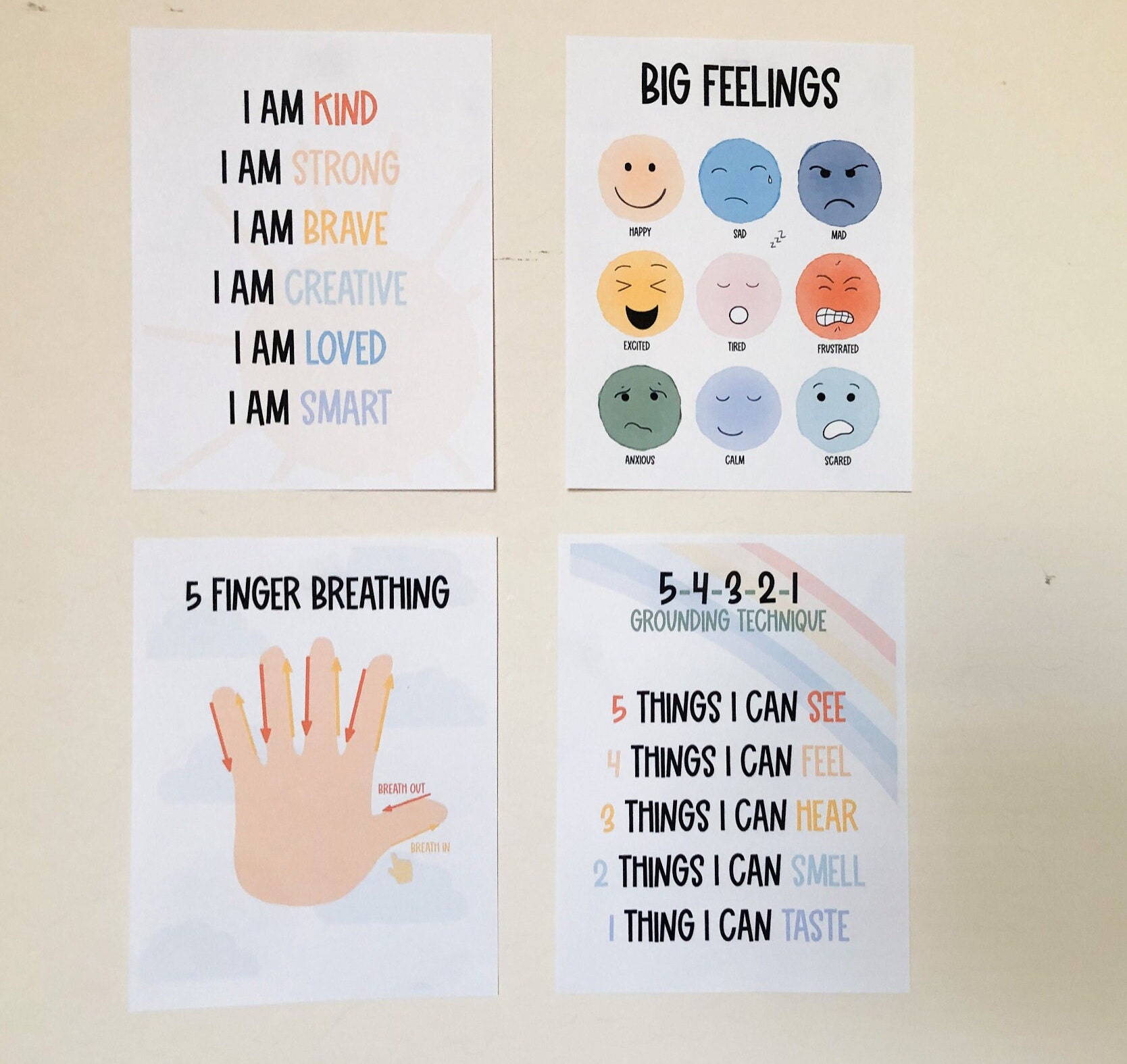 Set of 4 Calming Corner Kids Wall Art Grounding Techniques Educational ...