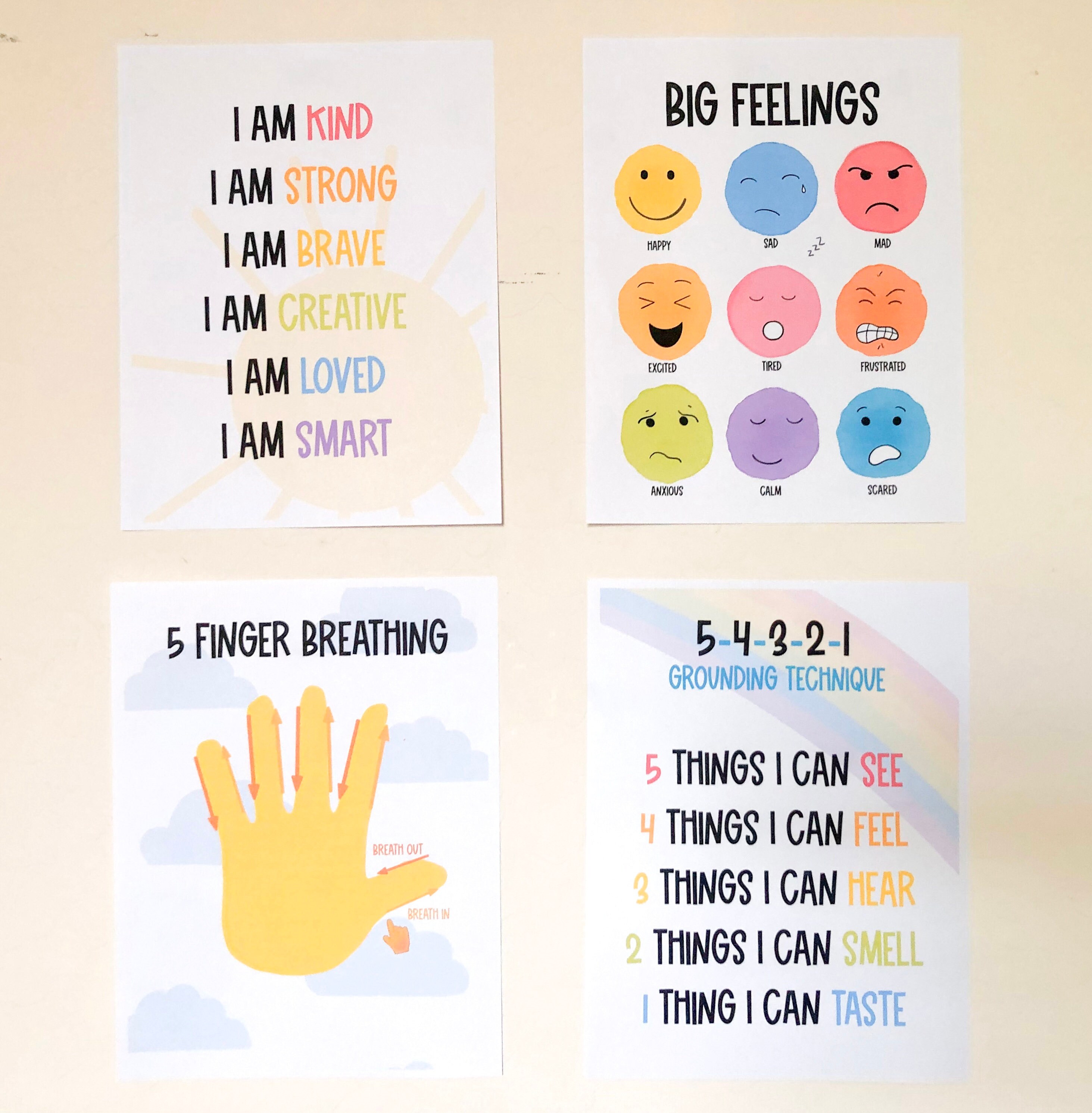Set of 4 Calming Corner Kids Wall Art Grounding Techniques Educational ...
