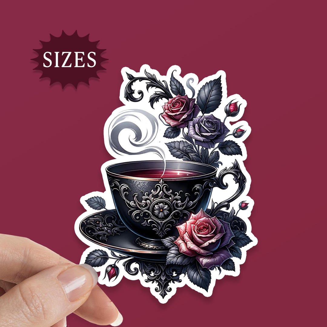 Gothic Tea Cup With Roses Sticker: Dark Academia Decor - Etsy