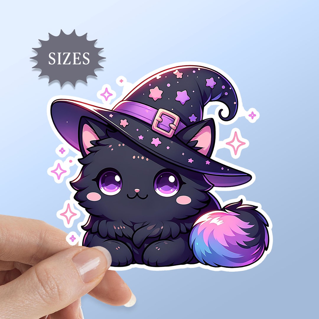 Witch Cat Sticker, Wizard Cat Sticker, Purple Familiar, Water Bottle ...