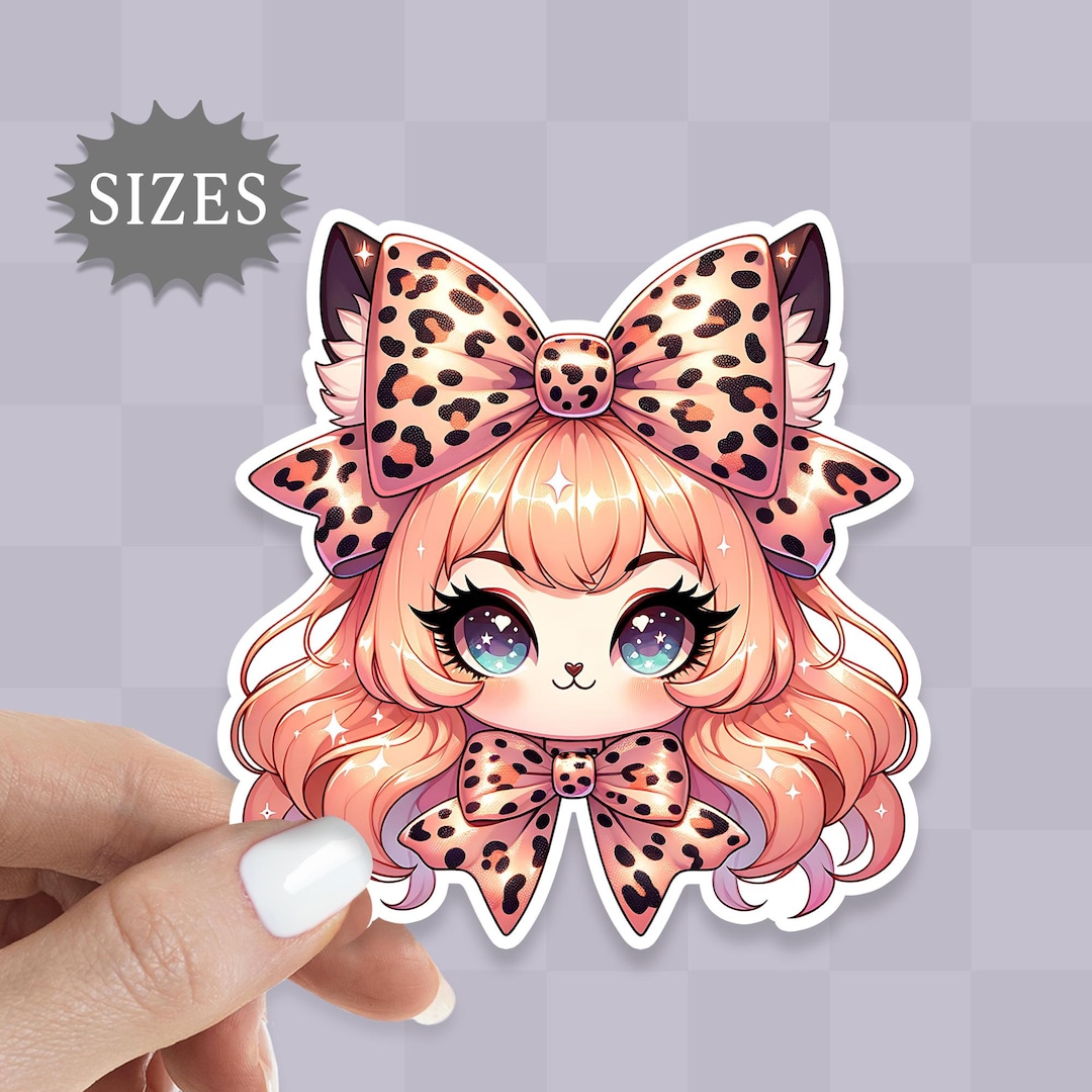 Kawaii Neko Anime Sticker, Anime Leopard Print Bow, Aesthetic Decal ...