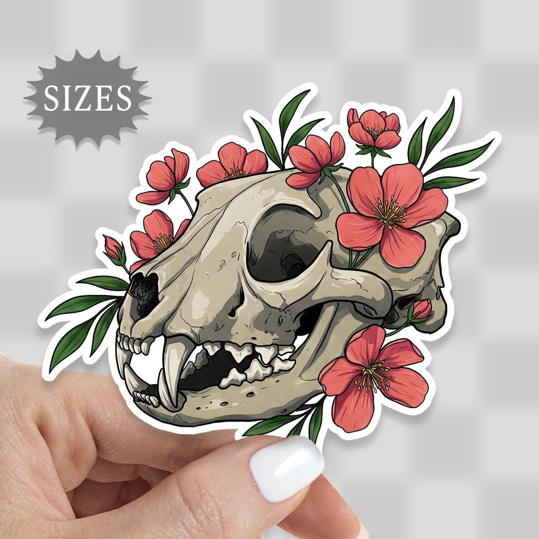 Gothic Bobcat Skull & Flowers Sticker: Waterproof Decal - Etsy