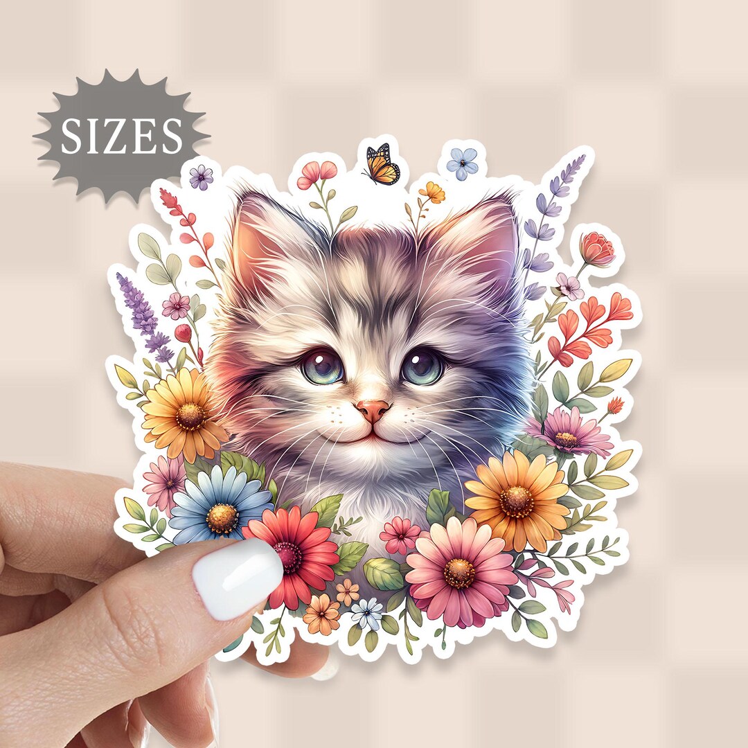 Cute Fluffy Cat Sticker, With Wild Flowers in Cottagecore Style for ...