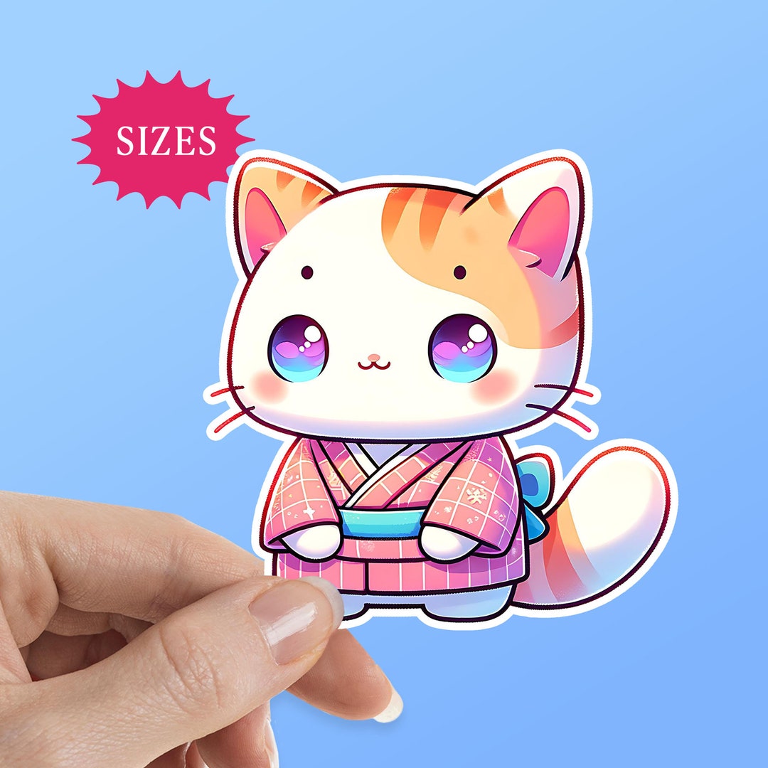 Kawaii Cat Sticker, Kimono Cat Sticker, Anime, Japanese, Water Bottle ...