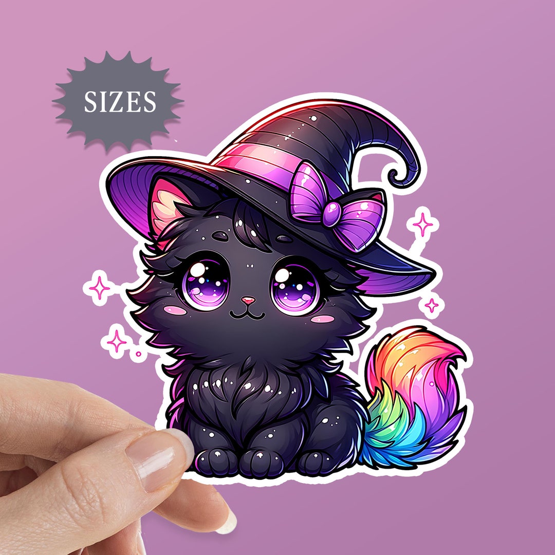 Witch Cat Sticker: Rainbow Tail, Waterproof Vinyl Decal - Etsy