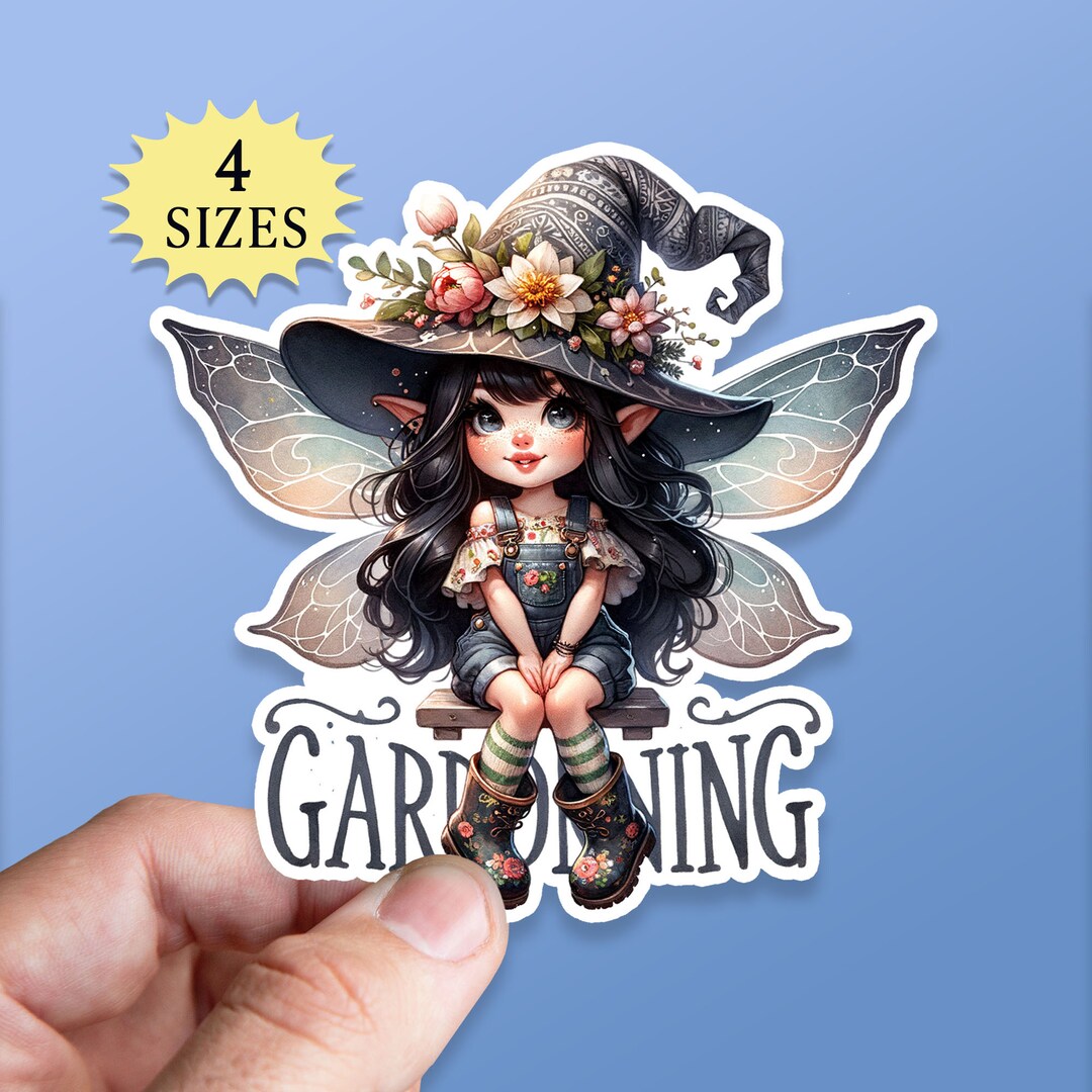 Garden Fairy Sticker, Fae Sticker, Black Hair Gnome Fairy Sticker ...