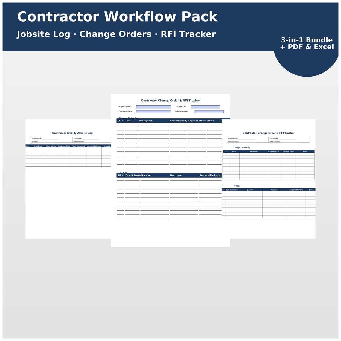 Contractor Workflow Pack | Jobsite Log, Change Order & RFI Tracker | Printable PDF, Fillable ...