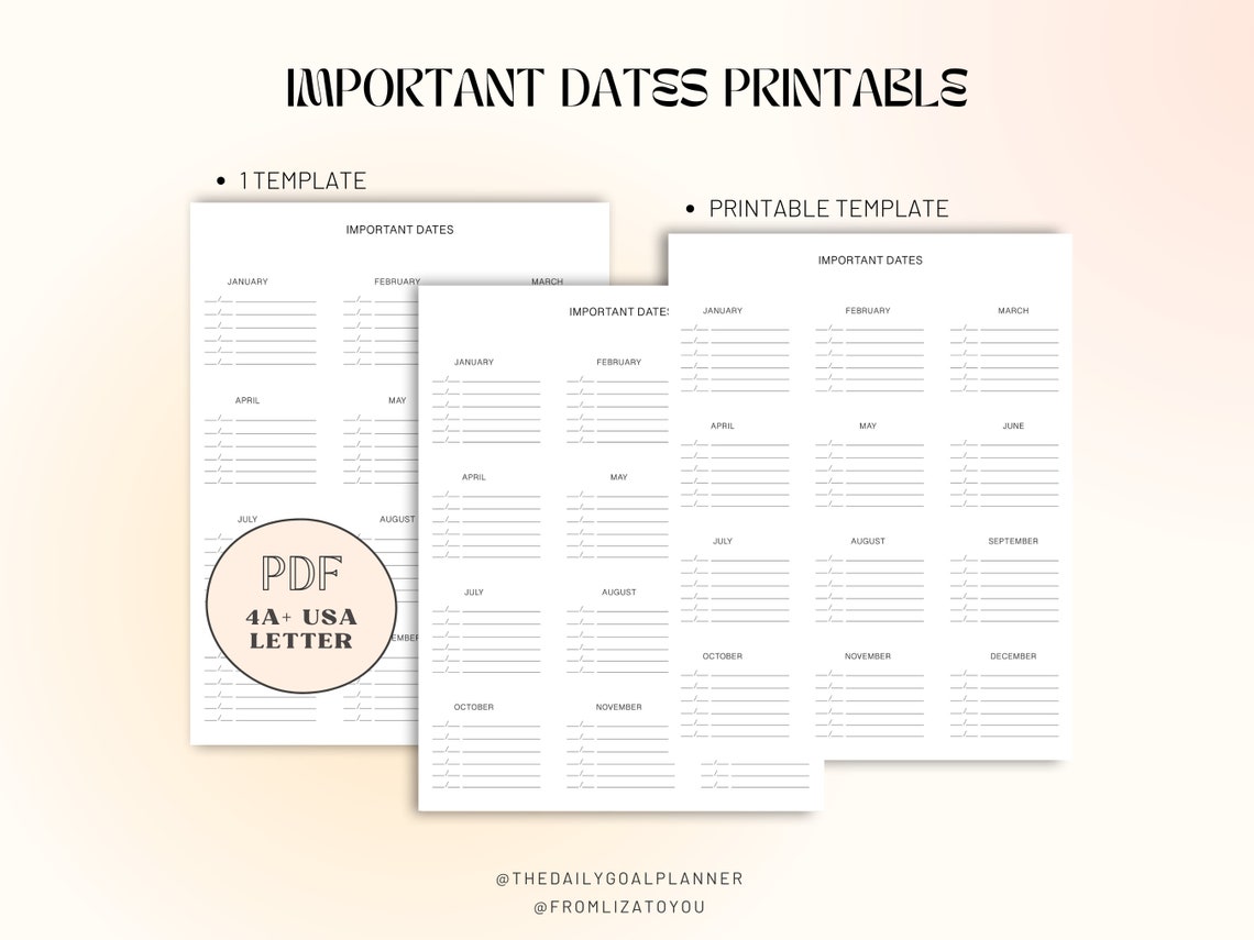 Yearly Important Dates Printable - Birthdays, Anniversaries, Travels ...