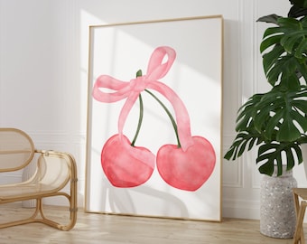 Cherry Wall Art Print, Printable Feminine Poster, Coquette Pink Bow Soft Girl Bedroom Decor ...