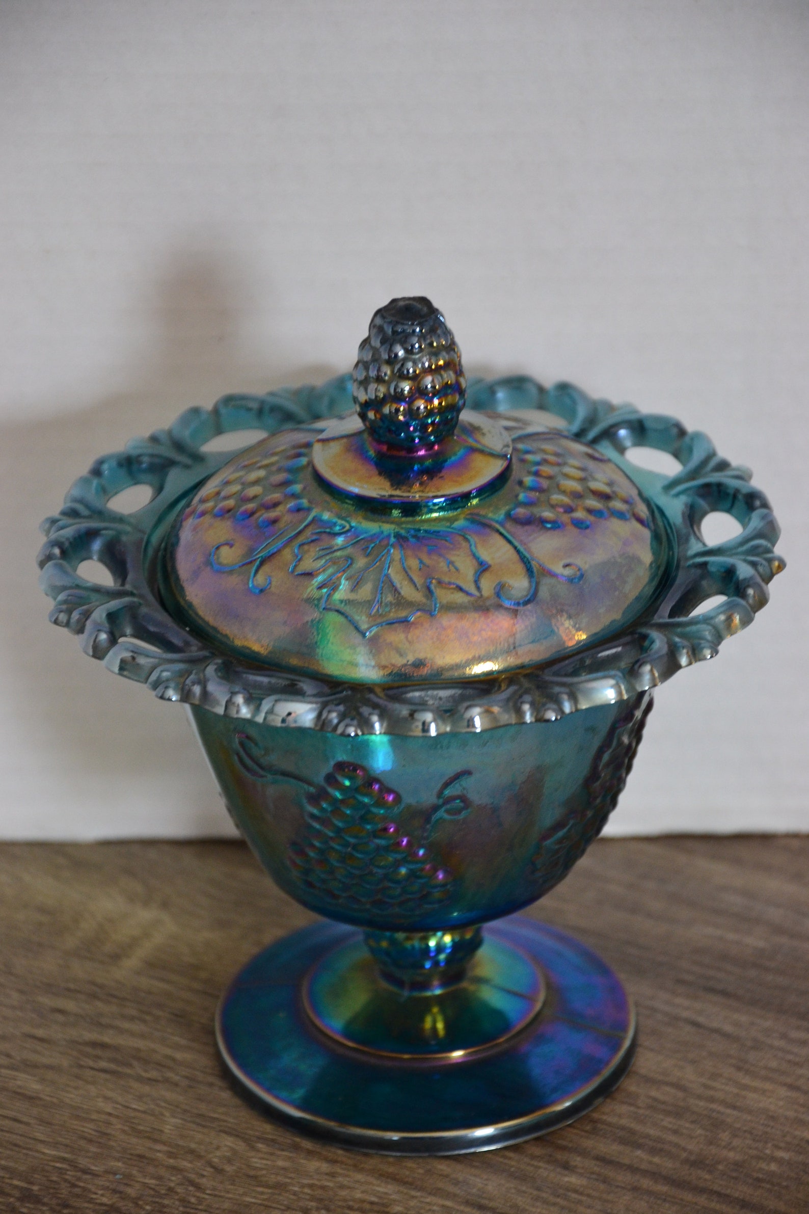 Blue Carnival Glass Compote