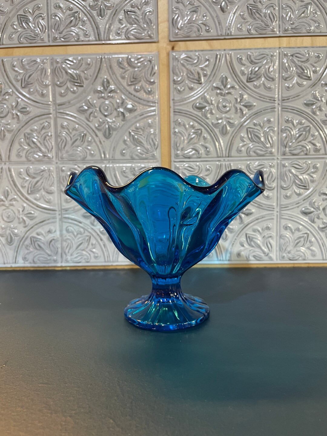 Vintage LE Smith Blue Glass Compote Bowl: Ruffled Candy Dish - Etsy