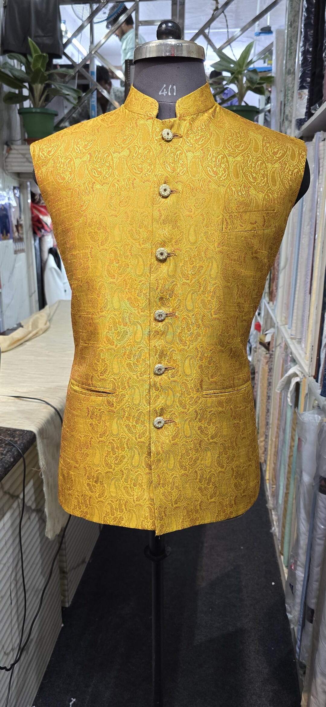 Golden Brocade Men's Waistcoat With Pocket Square Traditional Indian ...