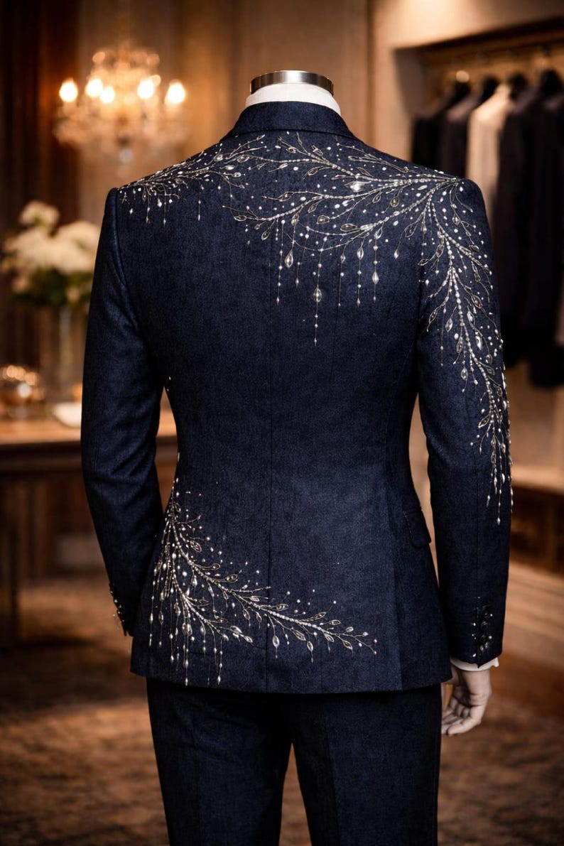 Navy Blue Silver Suit Embroidered for Prom | Custom Starry Sky Tuxedo ...