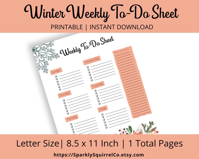 Winter Weekly To-do Sheet, Planner Insert, Letter Size - Etsy