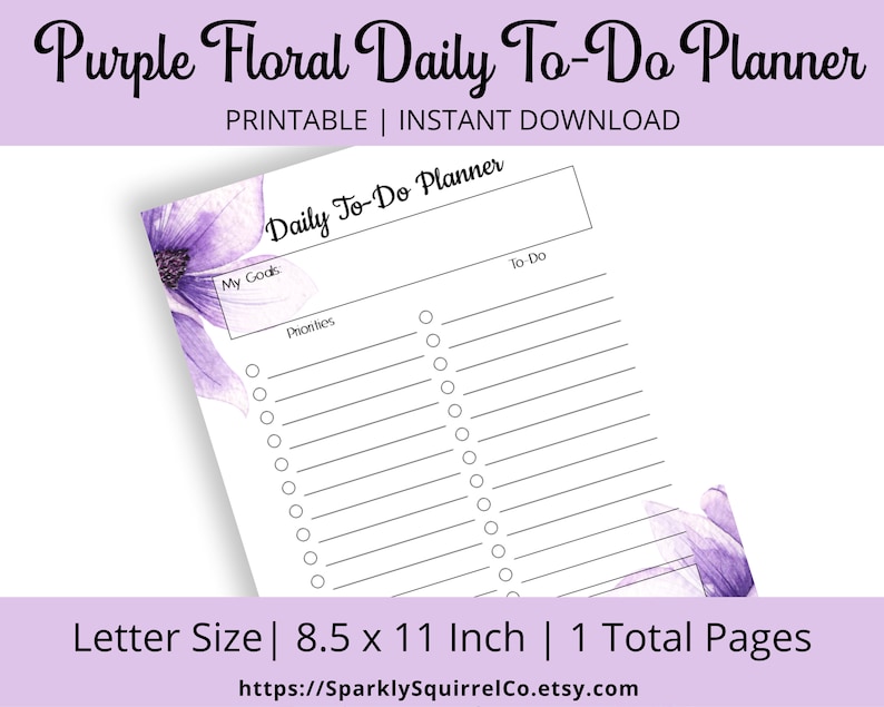 Purple Floral Daily To-do Sheet, Planner Insert, Letter Size - Etsy