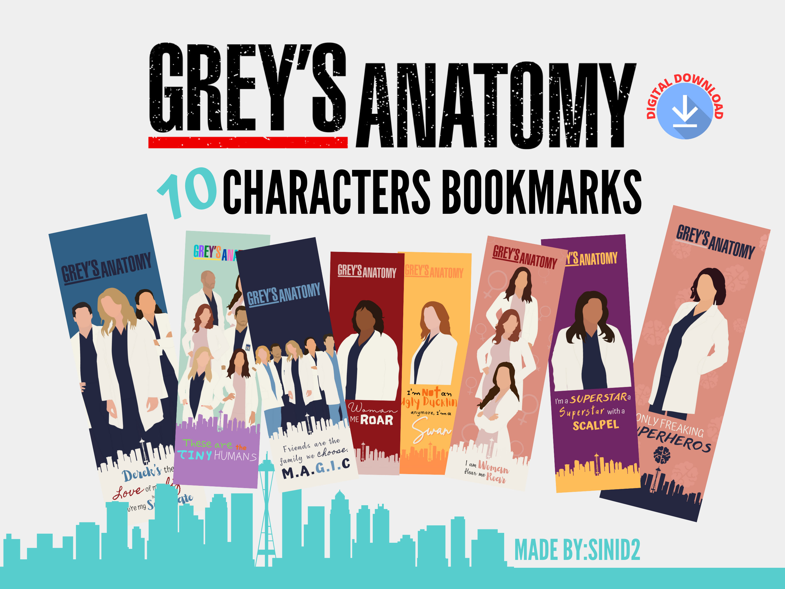 Greys Anatomy Bookmark Set Minimalist Line Art Pop Poster Print Pack ...