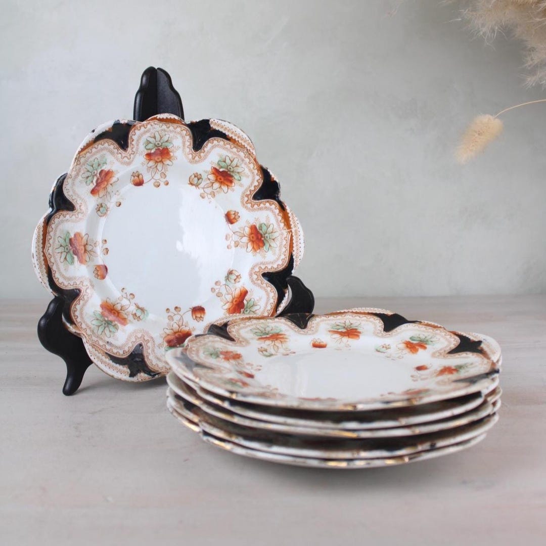 Vintage Floral Set of 6 Side Plates Set | Orange, Black, and White - Etsy
