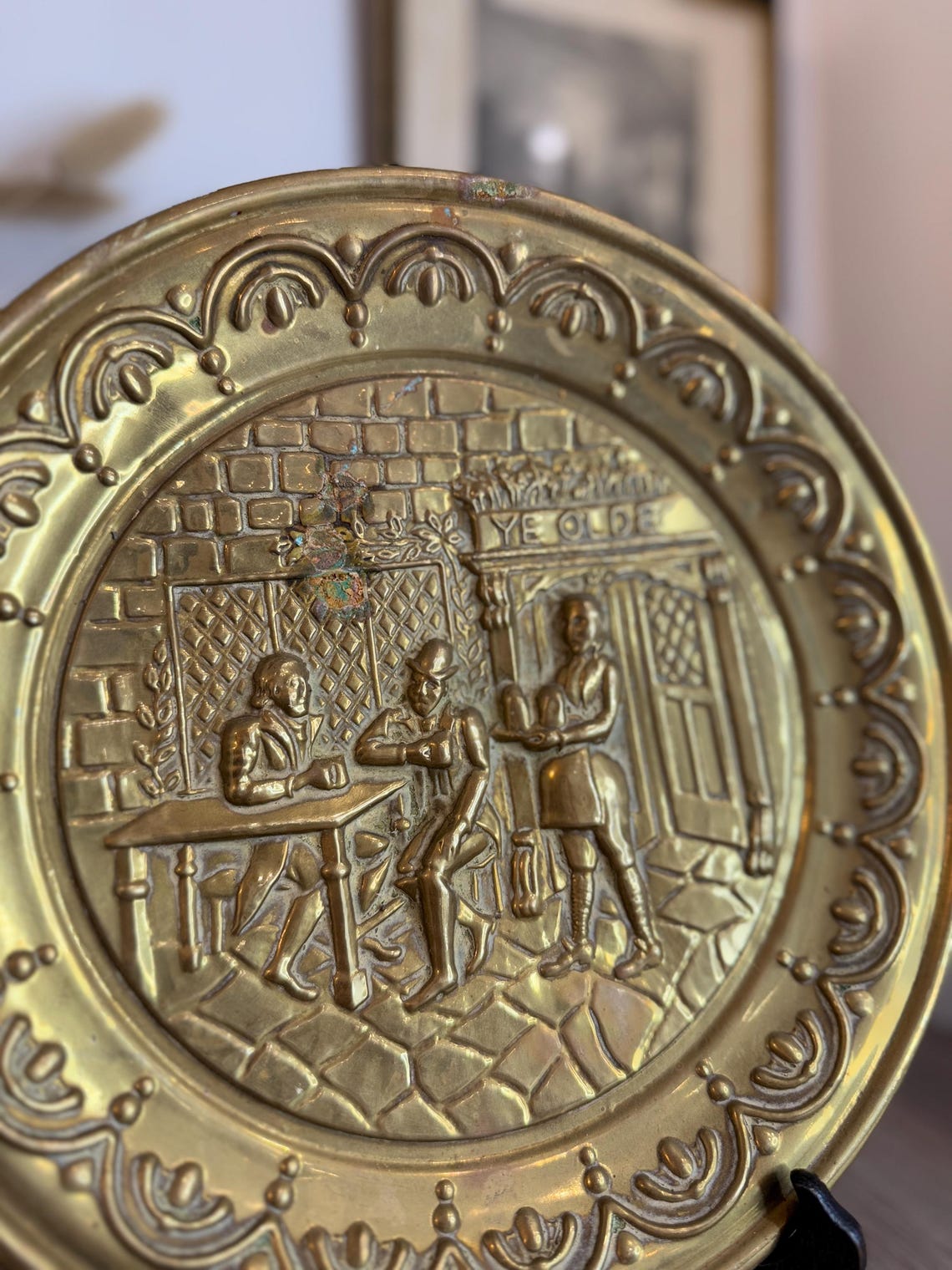 Vintage Gold Tone Metal Plate | Medieval Pub Scene Decor - Etsy