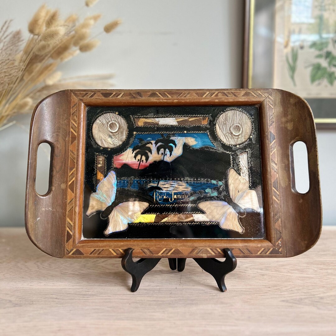 Vintage Butterfly Wing Inlay Tray | Eclectic Wood Decor - Etsy