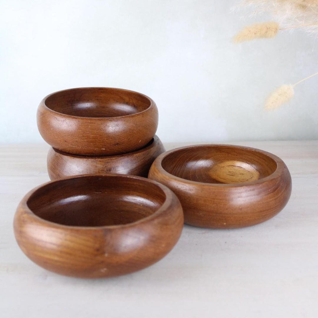 Set of 4 Wooden Teak Bowls | Wood Snack Dishes | Wooden Dinner Set ...