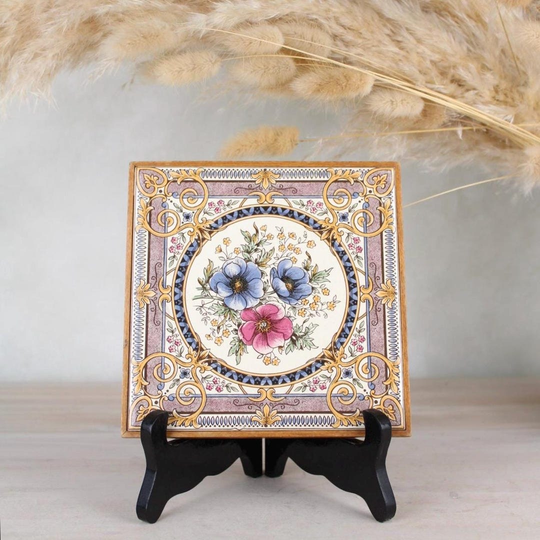 Floral Tile Pot Stand | Square Wood Lined Framed Tile | Handmade Hand ...