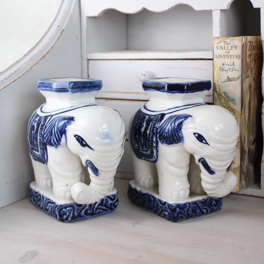 Pair of Blue and White Ceramic Elephant Plant Stands | Retro Plant ...